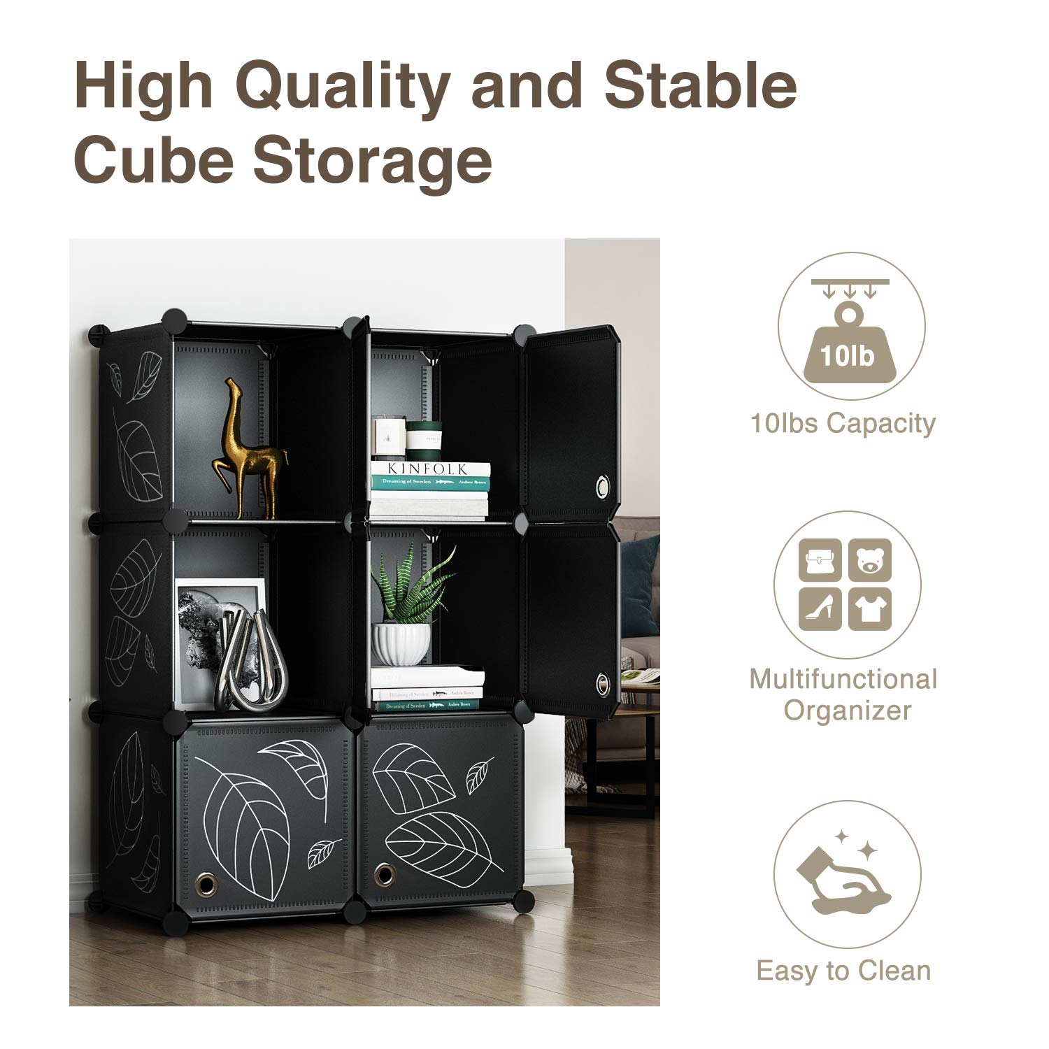 GREENSTELL Cube Storage Organizer, 6-Cube Closet Organizer with Doors, DIY Plastic Storage Cubes Organizer, Modular Storage Cabinet Book Shelf Shelving for Bedroom, Living Room, Office Black