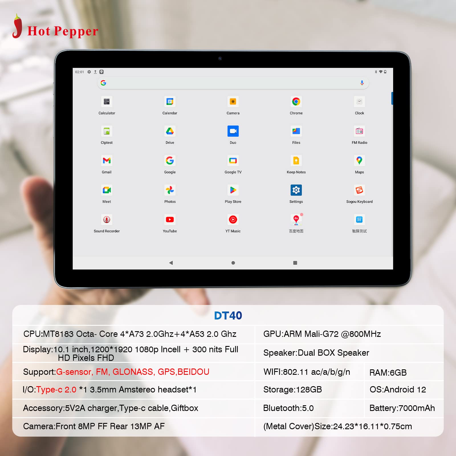 Hot Pepper Android 12 Tablet,1TB Expand Tablet 10.1 Inch, Octa-Core Processor with 6GB RAM+128GB ROM,13MP Rear +8MP Front Camera,5G/WiFi/GPS/Bluetooth/7000mAh Battery Tablets for Gaming