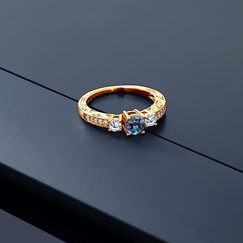 Gem Stone King 18K Yellow Gold Plated Silver Round Purplish Created Alexandrite and White Moissanite 3-Stone Ring For Women (0.91 Cttw, Available In Size 5, 6, 7, 8, 9)