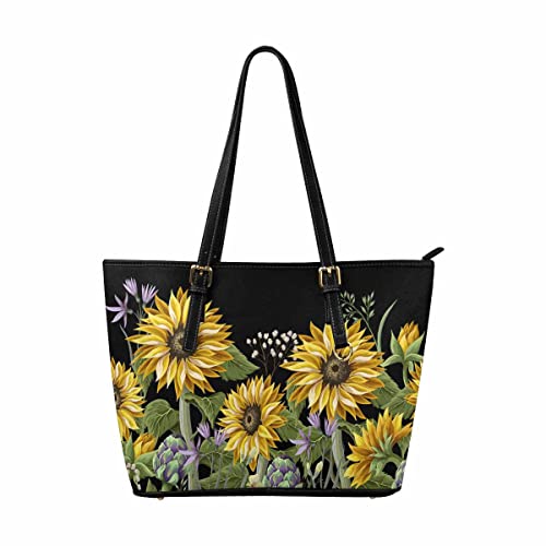 InterestPrint Border with Sun-Flower Bouquet Halloween Women Totes Top Handle HandBags PU Leather Purse