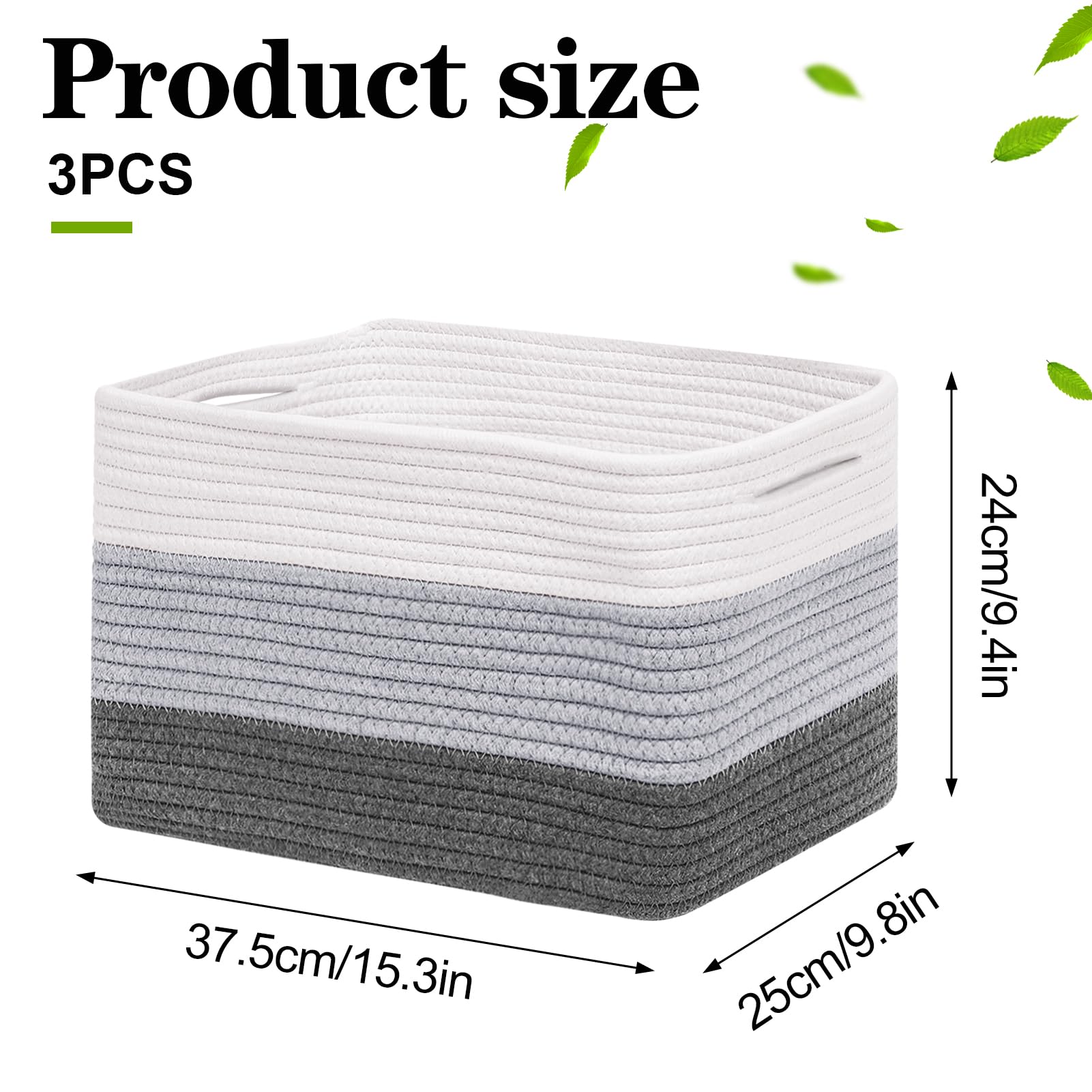 Fuyamp 3 Pack Rope Baskets Storage Cube, Woven Cotton Baskets for Shelves 15.3" x 9.8" x 9.4" Baby Nursery Cube Bin with Handles, Laundry Blanket Basket, Toy Storage for Laundry Room,Bedroom