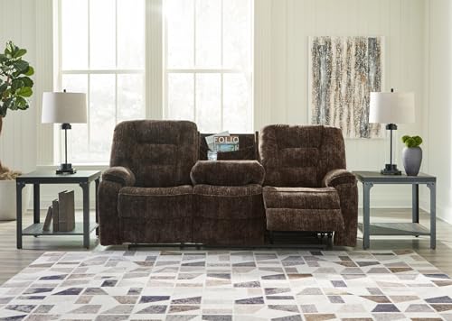 Signature Design by Ashley Soundwave Contemporary Manual Reclining Sofa with Drop Down Table, USB Ports and Cup Holders, Dark Brown