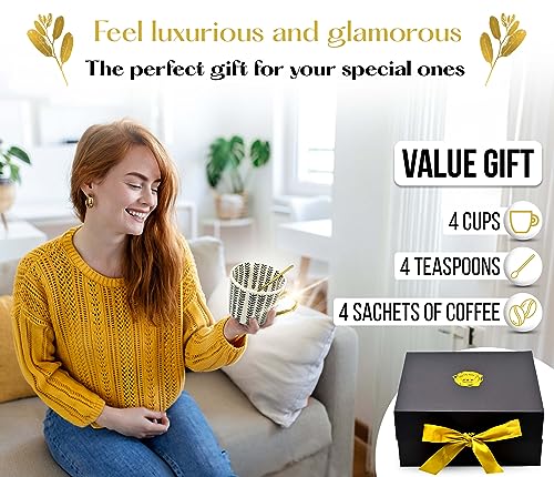 Monarca Set of 4 Mugs with Gold Tea Spoons, Ceramic with Real Gold Plated Handle, Aesthetic, Hand Painted 12 oz Elegance Colors Black, White and Gold
