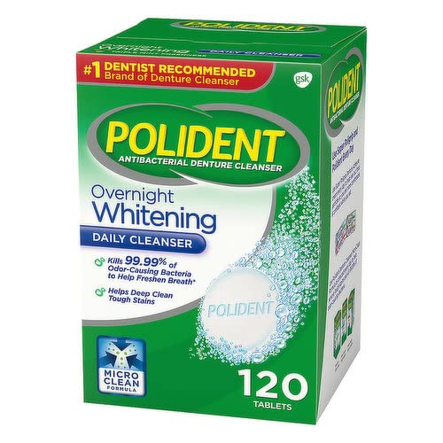 Polident Denture Cleaner Overnight Tablets 120 Tablet Bundle with Dentu-Care Denture Retainer Cleaning Cup Case Box With Basket Lid for Maintaining Good Oral Care for Full/Partial Dentures
