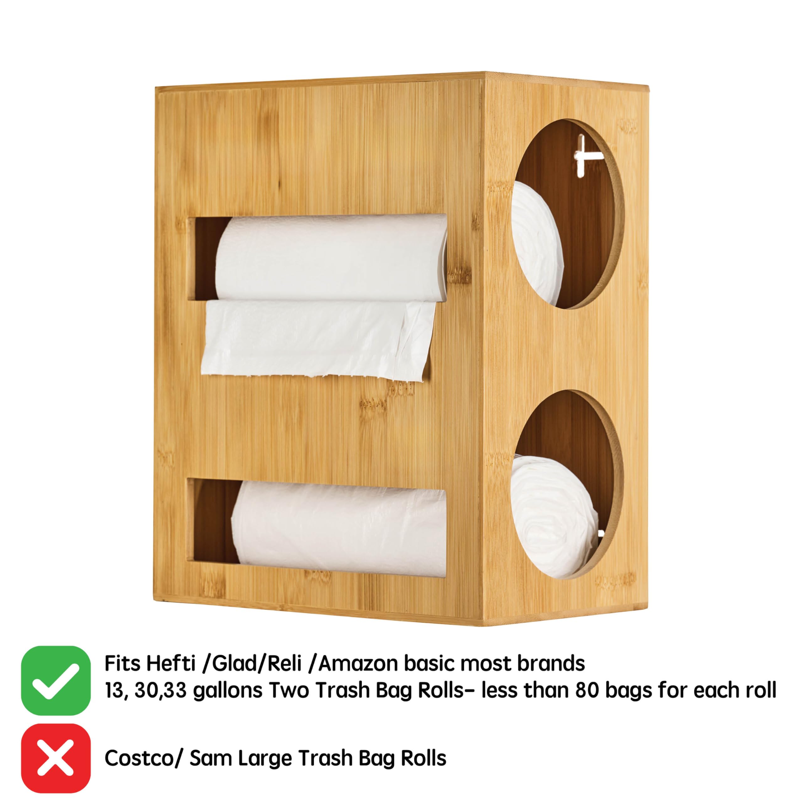 Standard Bamboo Trash Bag Roll Holder13,30,33 gallons,Garbage Bag Dispenser, Wall Mount,Under Sink,Fits 2 Rolls of Standard Plastic Trash Bags, approx.80 Bags per Roll, Does NOT fit Sam & Costco.