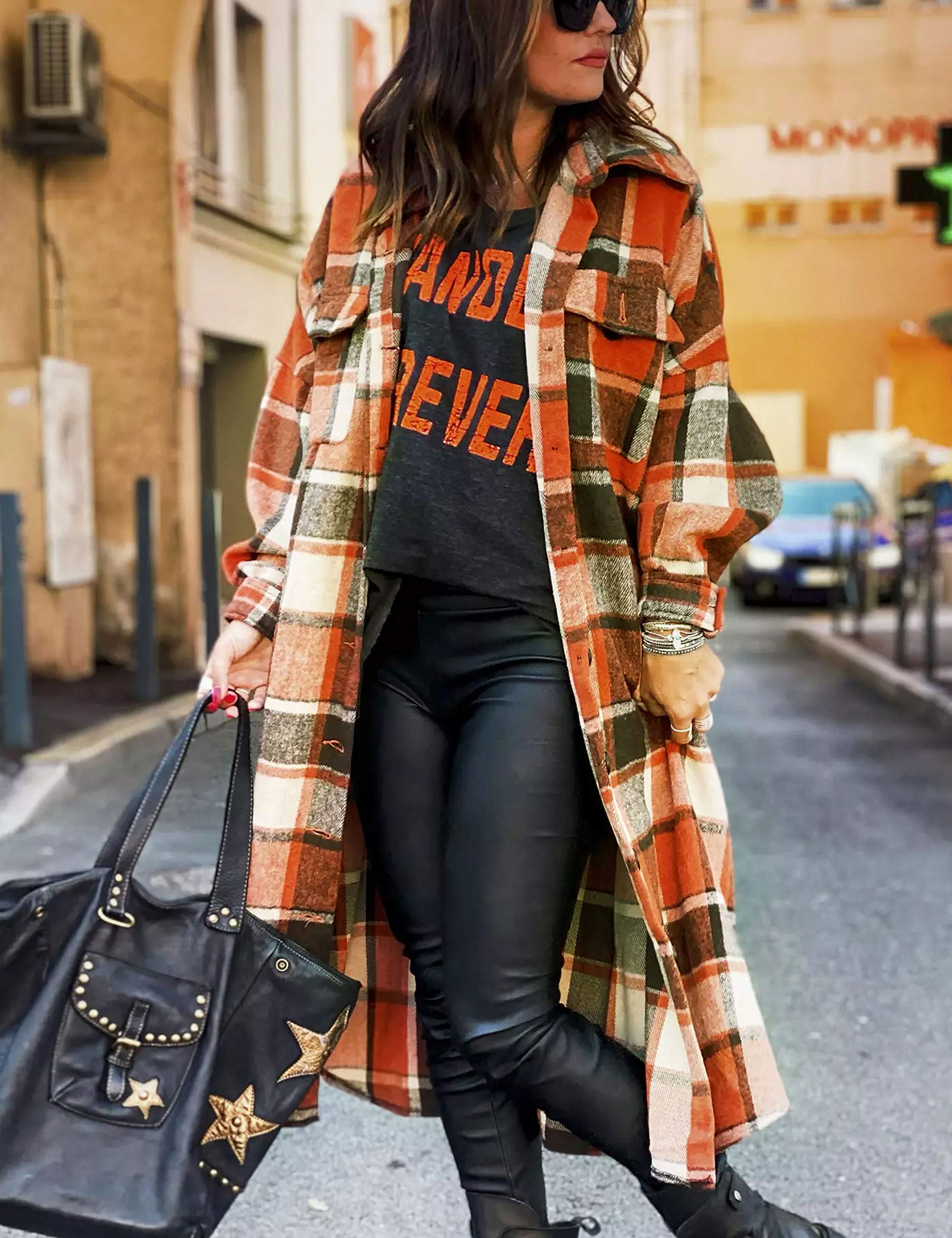 Himosyber Women's Casual Plaid Lapel Woolen Button Up Pocketed Long Shacket Coat (Red-S)