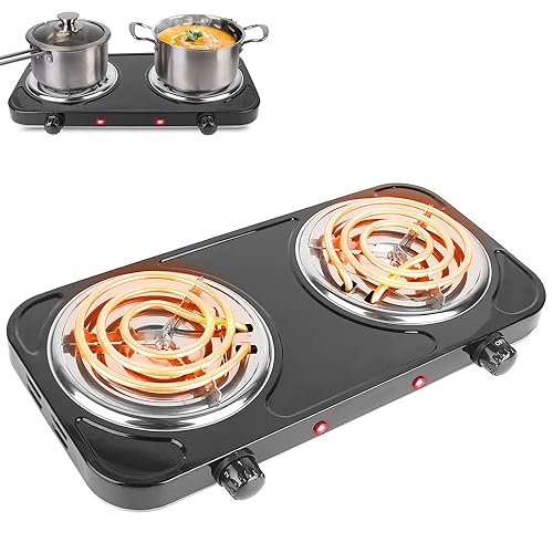 Hot Plate, 2000W Portable Electric Double Coil Burner with Dual Control & 5 Level Temperature Control, Easy to Clean, Lightweight Stainless Steel Countertop Stove for Kitchen Dorm Camping,110V