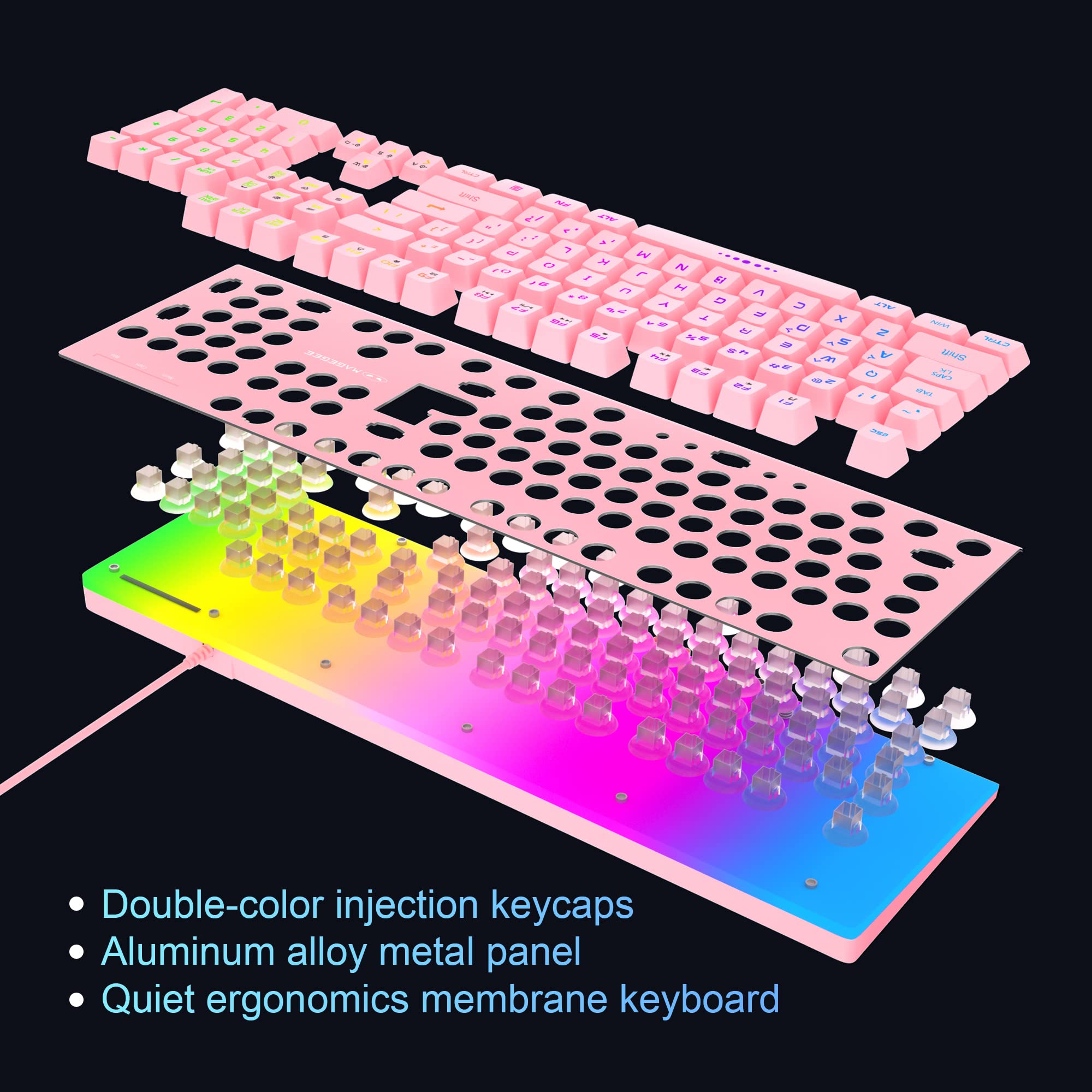 MageGee Gaming Keyboard and Mouse Combo, True RGB Backlit Membrane Office Keyboard, 104 Keys Metal Panel USB Quiet Wired Keyboard for Windows Laptop PC - Pink