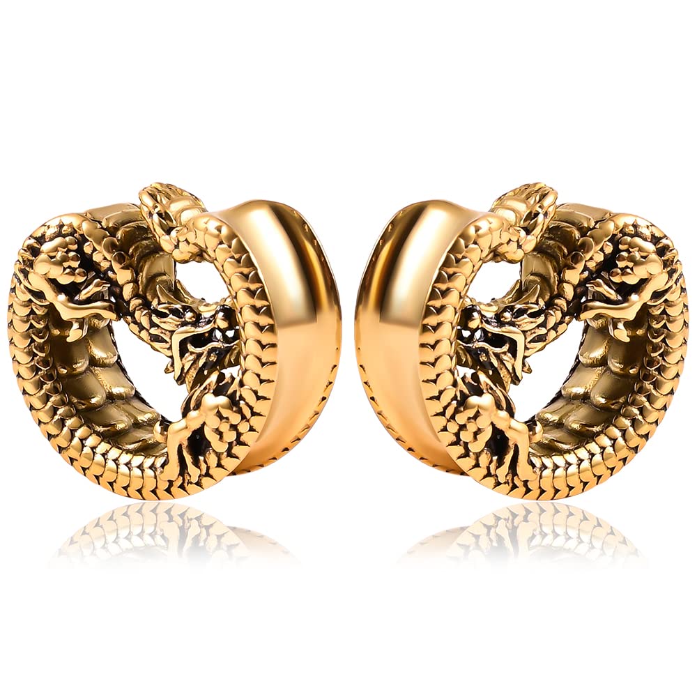 Maxbott 2PCS Stainless Steel Ear Plugs Dragon Saddle Tunnels Ear Gauges Piercing Body Jewelry (19mm(3/4"), Gold)
