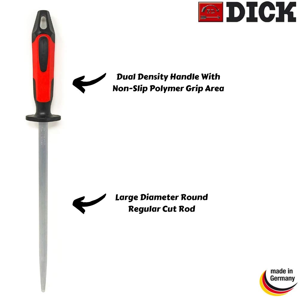 F. Dick 2K Series 12" Round Regular Cut Steel - Large Diameter 12" Round Rod With Dual Density Handle Featuring Non-Slip Polymer Grip Area - German Made - Mad Cow Cutlery Red