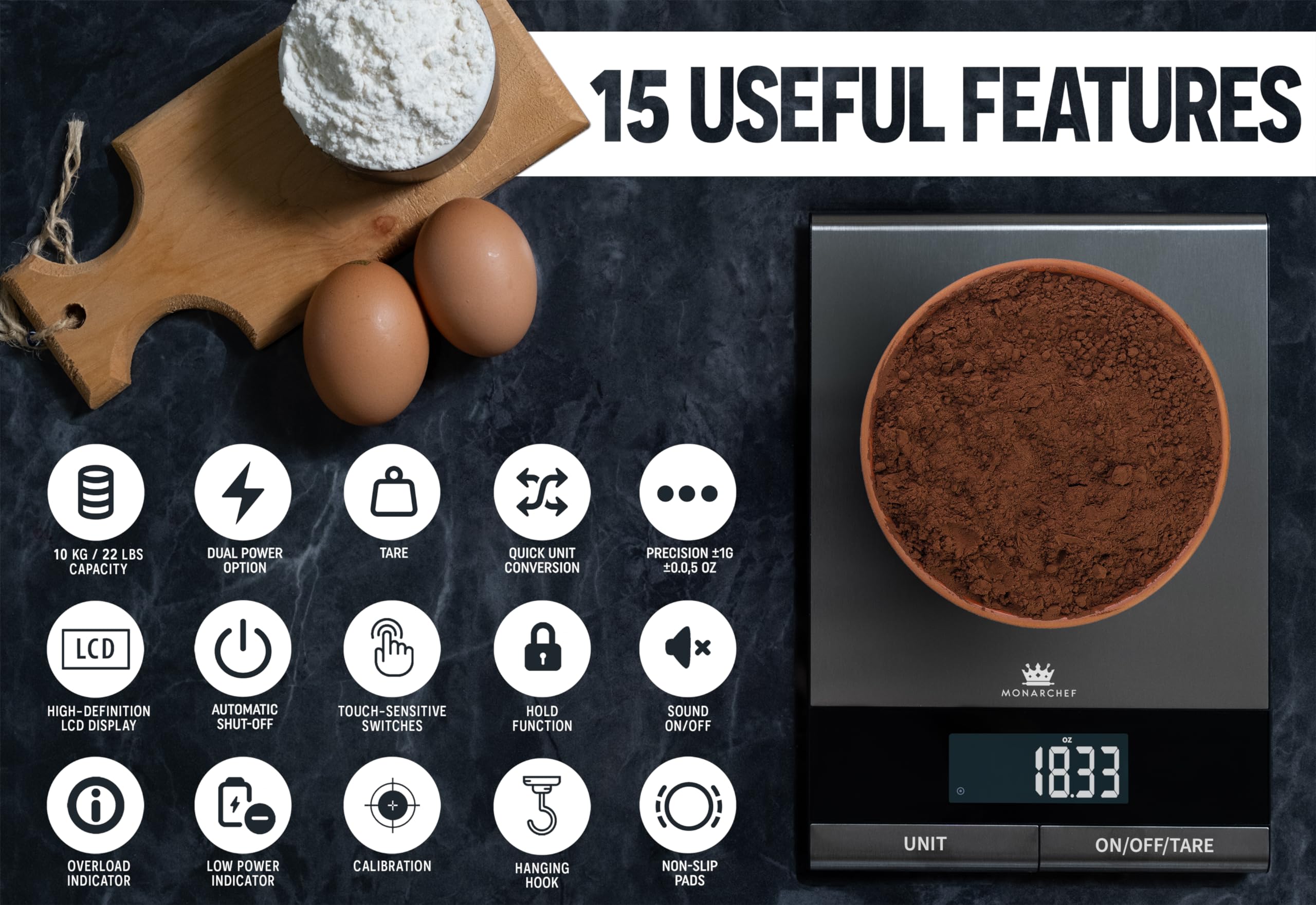 Monarchef Digital Food Scale for Kitchen, Baking, Cooking, and Meal Prep, 10 Unit Measurements, 22 lb Weight Capacity, Stainless Steel Top, Dual Power Option, 15 Features