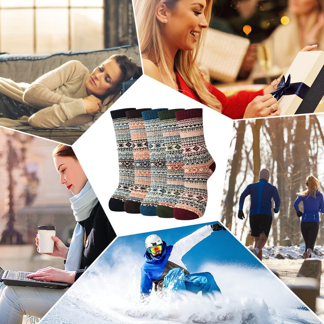 FYC Winter Womens Socks Wool Warm Thick Knit Cozy Crew Casual Vintage Soft Socks for Women Christmas Gifts Socks 5 Pairs
