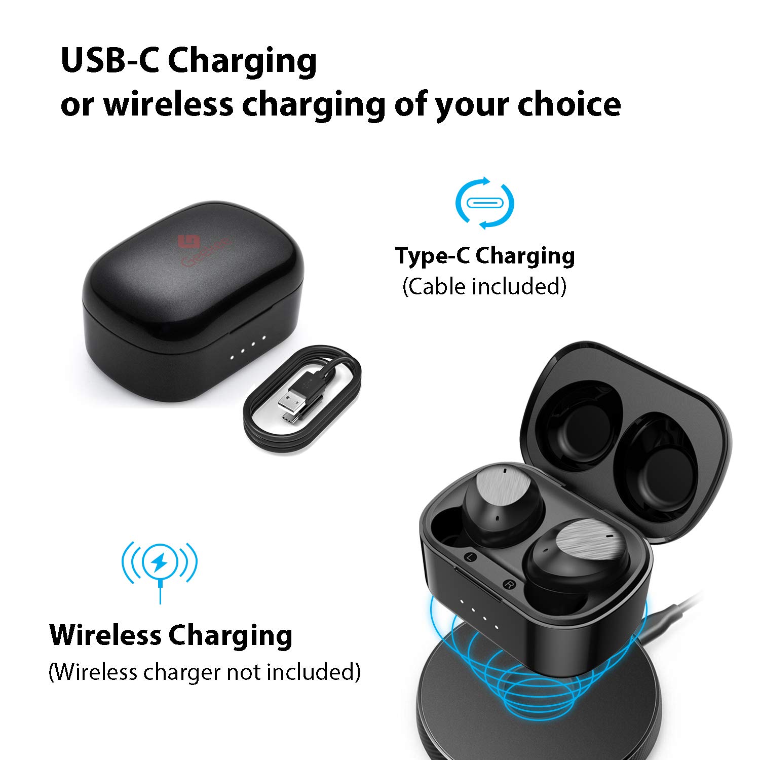 Geekee True Wireless Earbuds Bluetooth 5.0 Headphones, Clear Voice Call in-Ear Headset IPX7 Waterproof 40H Wireless Charging Case Sports Earphones (Black)