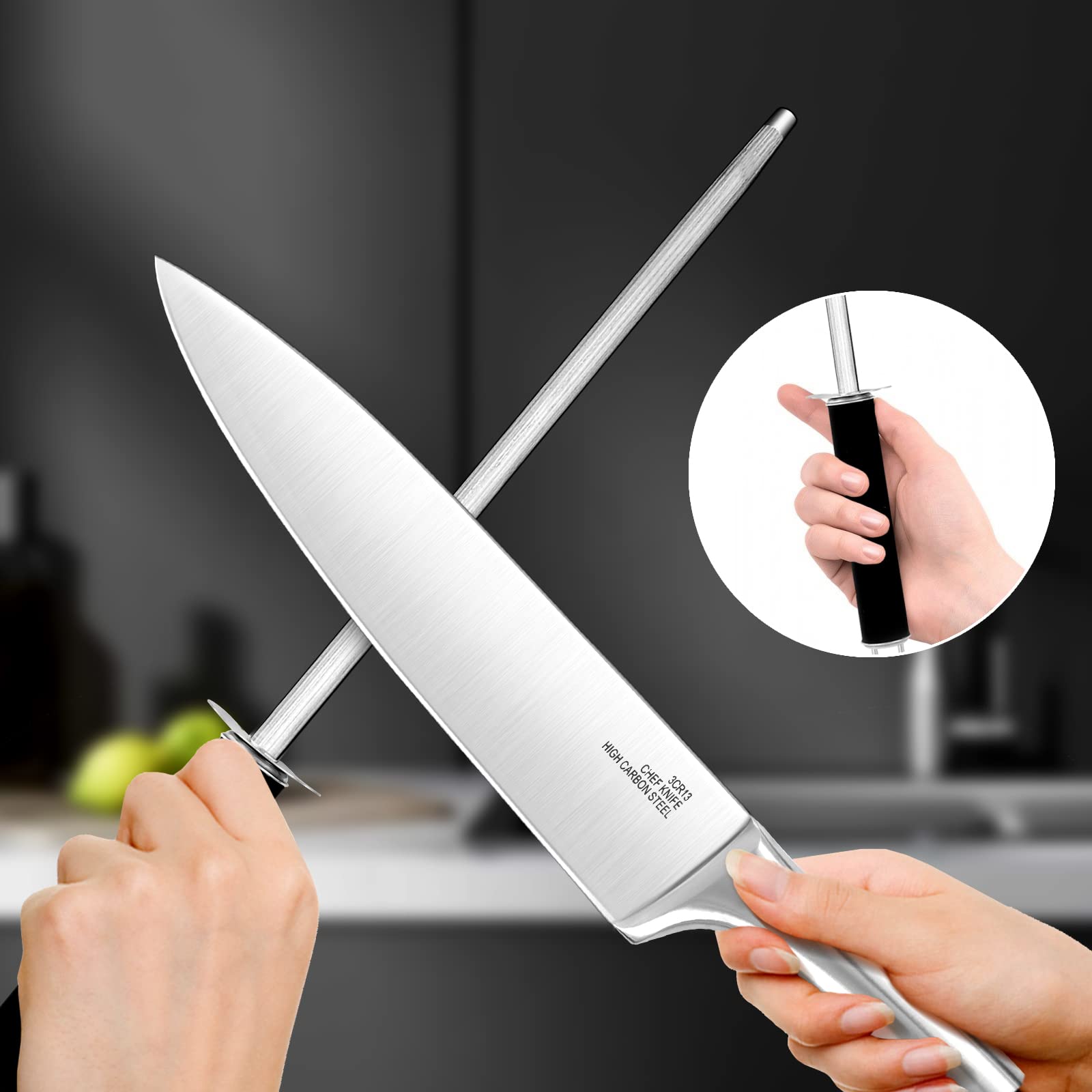 Knife Set for Kitchen with Block, E-far 16-Piece High Carbon Stainless Steel Knife Sets Includes Chef Utility Paring Steak Serrated Bread Knife & Sharpener Kitchen Shears, Full Tang & Forged Blades