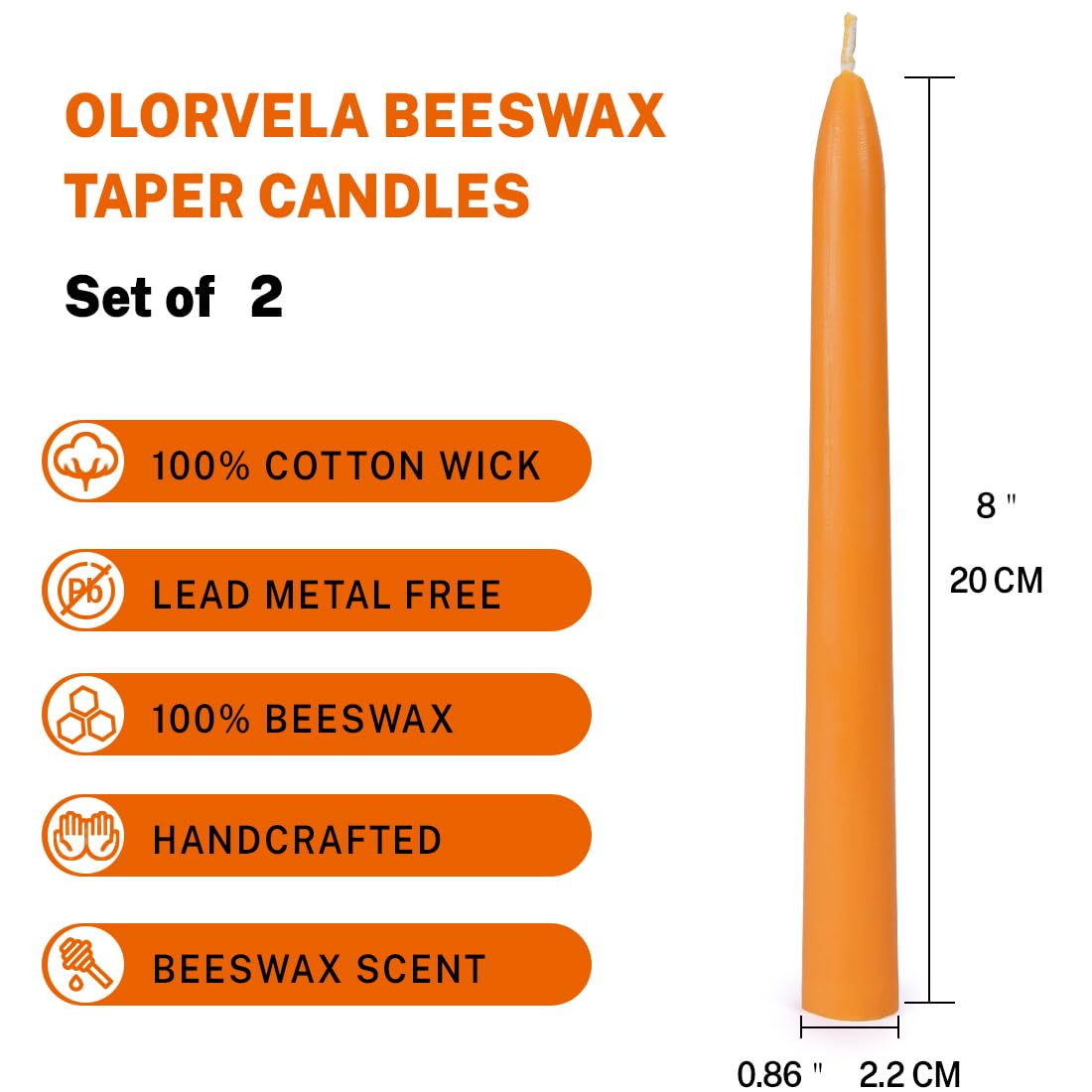 Olorvela Orange Beeswax Taper Candles,8" Long Candlestick,smokeless dripless unscented Natural Beeswax Candles.for Gift,Mother's Day (Orange)