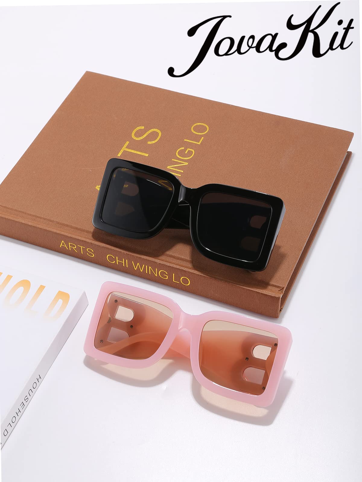 JOVAKIT Trendy Oversized Square Sunglasses for Women Men Fashion Black Thick Large Frame Luxury Designer Sun Glasses (Black&Black/Grey)
