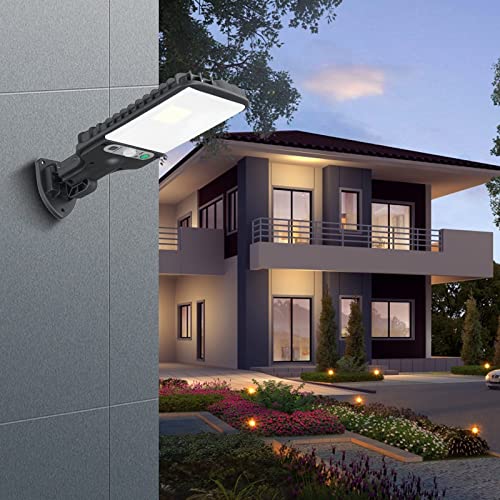 Qiopertar Solar Street Light, IP65 Waterproof Outdoor Solar Powered Street Lights Dusk to Da-wn with Motion Sensor LED Security Flo-od Light for Drive-Way Parking Lot (B)
