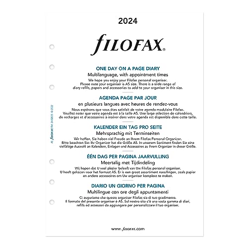Filofax Calendar Diary Refill, A5 Size, Day on One Page with Appointments, White Paper, Multilingual: Five Languages, 2024 (C68515-24)
