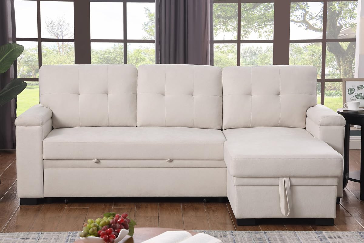 Lilola Home Lucca II 84.5" W Beige Woven Fabric Reversible Sleeper Sectional Sofa with Storage Chaise and Pocket Coil Seating