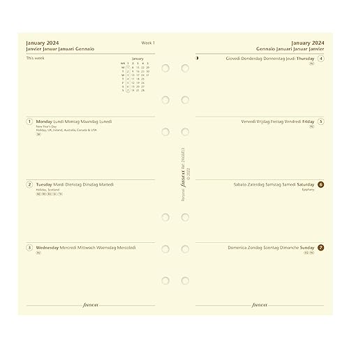 Filofax Malden Organizer, Personal Size, Pink - Tactile, Full-Grain Buffalo Leather, Six Rings, with Cotton Cream Week-to-View Calendar Diary, Multilingual, 2024 (C022616-24)
