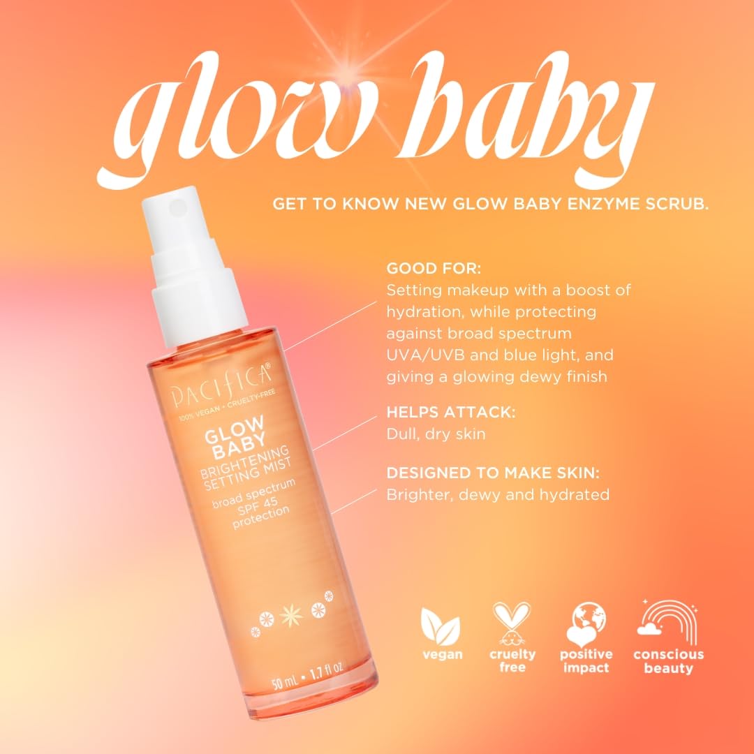 Pacifica Setting Spray Glow Baby Brightening Mist, Broad Spectrum SPF 45, UVA/UVB Protection, Blue Light Protection, Facial Mist, Suncare, Skin Care, Vegan, 1.7 fl oz (1 Count)