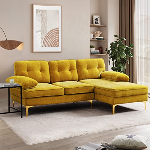 LANELIFE 79" W 3-Seat Sofa, L Shaped Sectional Sofa Bed,with Extra Wide Chaise Lounge and Gold Legs, Chenille Couch for Living Room, Apartment and Small Space (Golden)