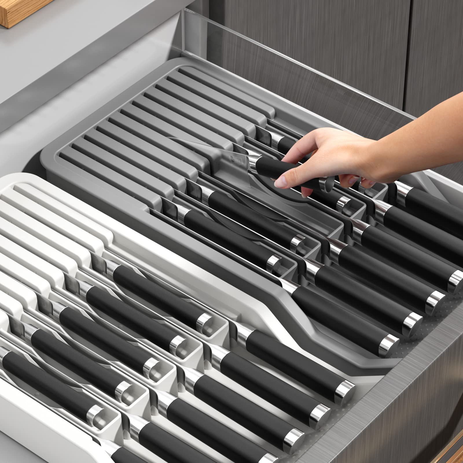 Kitchen Knife Drawer Organizer, In-drawer Knife Block Expandable Knife Holder Holds 11 Knives (Gray)