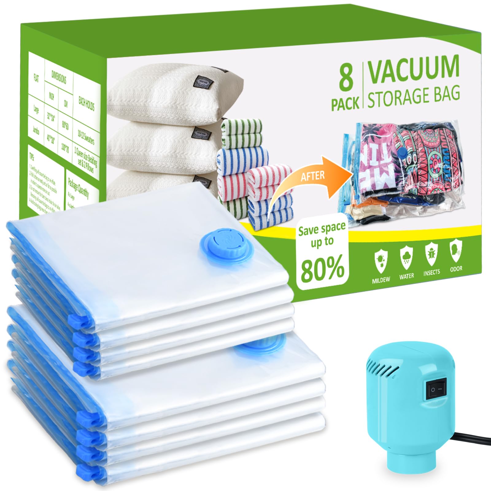 Vacuum Storage Bags with Electric Pump Set 8-Pack Large Vacuum Seal Bags for Clothing Vacuum Bags for Travel Packing and Home Bedding Blankets Organization