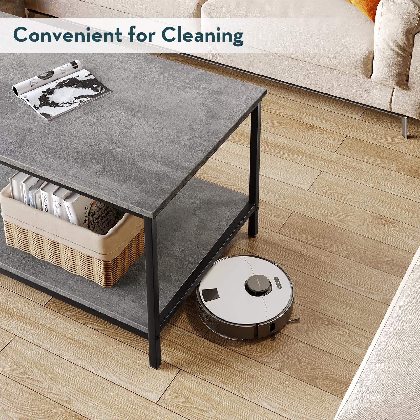 SAYGOER Coffee Table with Storage 2-Tier Industrial Center Table for Living Room, Rectangle Wood Table for Small Spaces Apartment Home Office, Concrete Gray