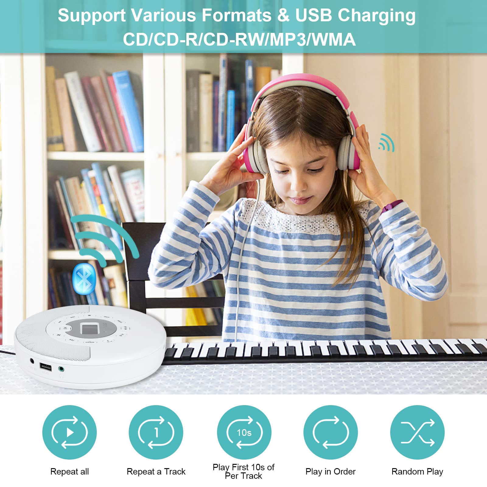 Portable CD Player with Speakers - Bluetooth CD Player Portable,Rechargeable Anti-Skip Walkman CD Music Player for Car/Travel with Headphones and AUX Cable,Home Audio Stereo Speaker,2000mAh Battery