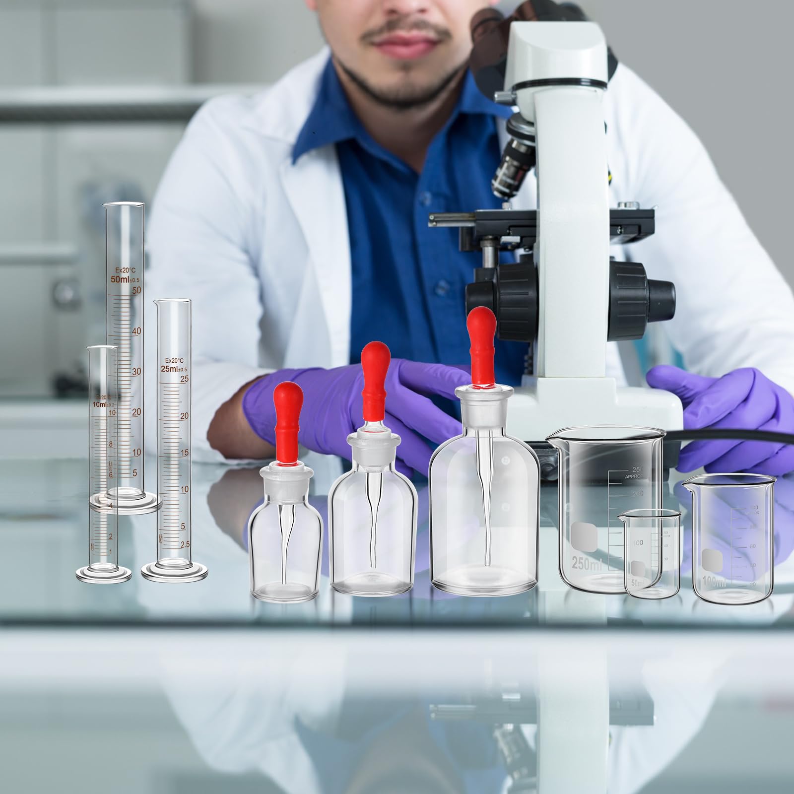 Saysurey 31 Pcs Lab Glassware Set Include Measuring Beakers Cylinders Erlenmeyer Flasks Dropper Bottle Media Bottles Glass Stirring Rods Dropper Funnels for Science Chemistry Equipment Supplies