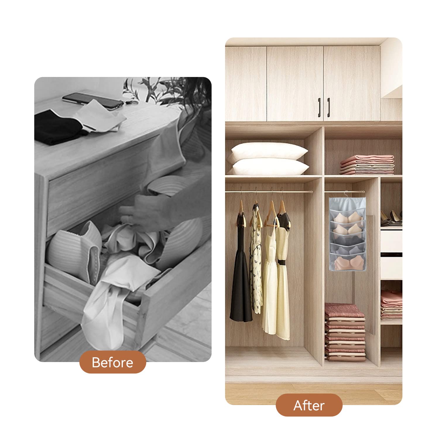 QoeCycth Closet Hanging Organizer with Mesh Pockets & Rotating Metal Hanger,Dual Sided Wall Shelf Storage Bags,Oxford Cloth Space Saver Bag for Bra Underwear Underpants Socks