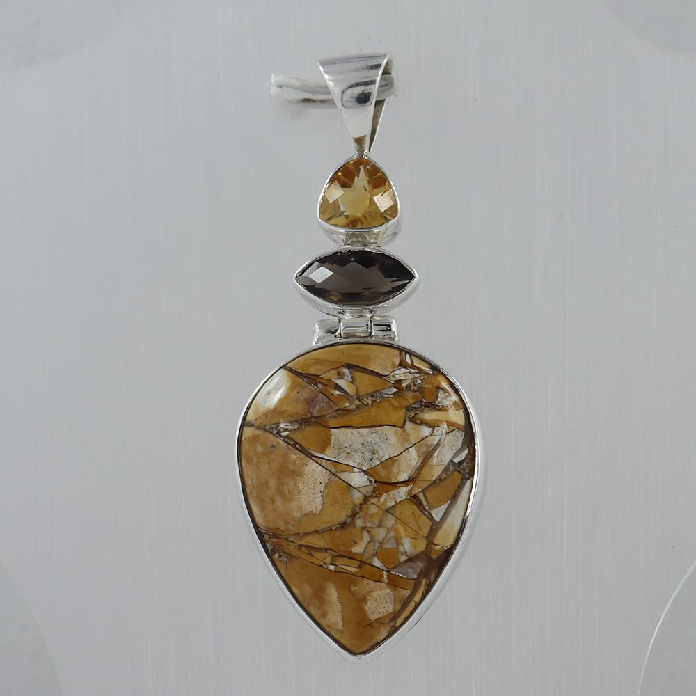 Jaipur Silver Jewels - Brecciated Mookaite Jasper, Smoky Quartz, Citrine Pendant, Gift Jewelry