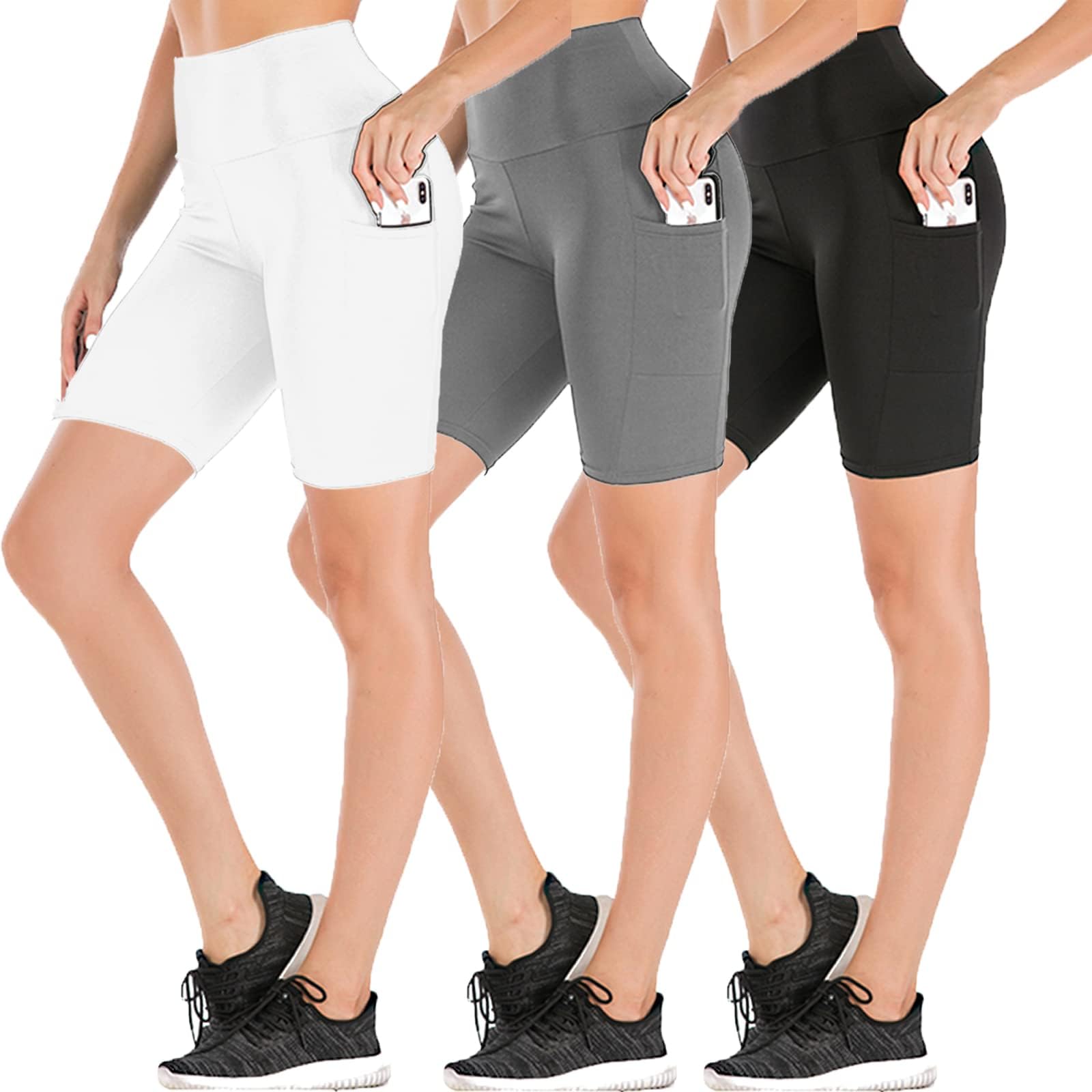 High Waist Workout Biker Shorts for Women-Dual Pockets Tummy Control Yoga Gym Running Pants,Non See-Through Soft Leggings (2# Black,Grey,White,3 Pack,X-Large)