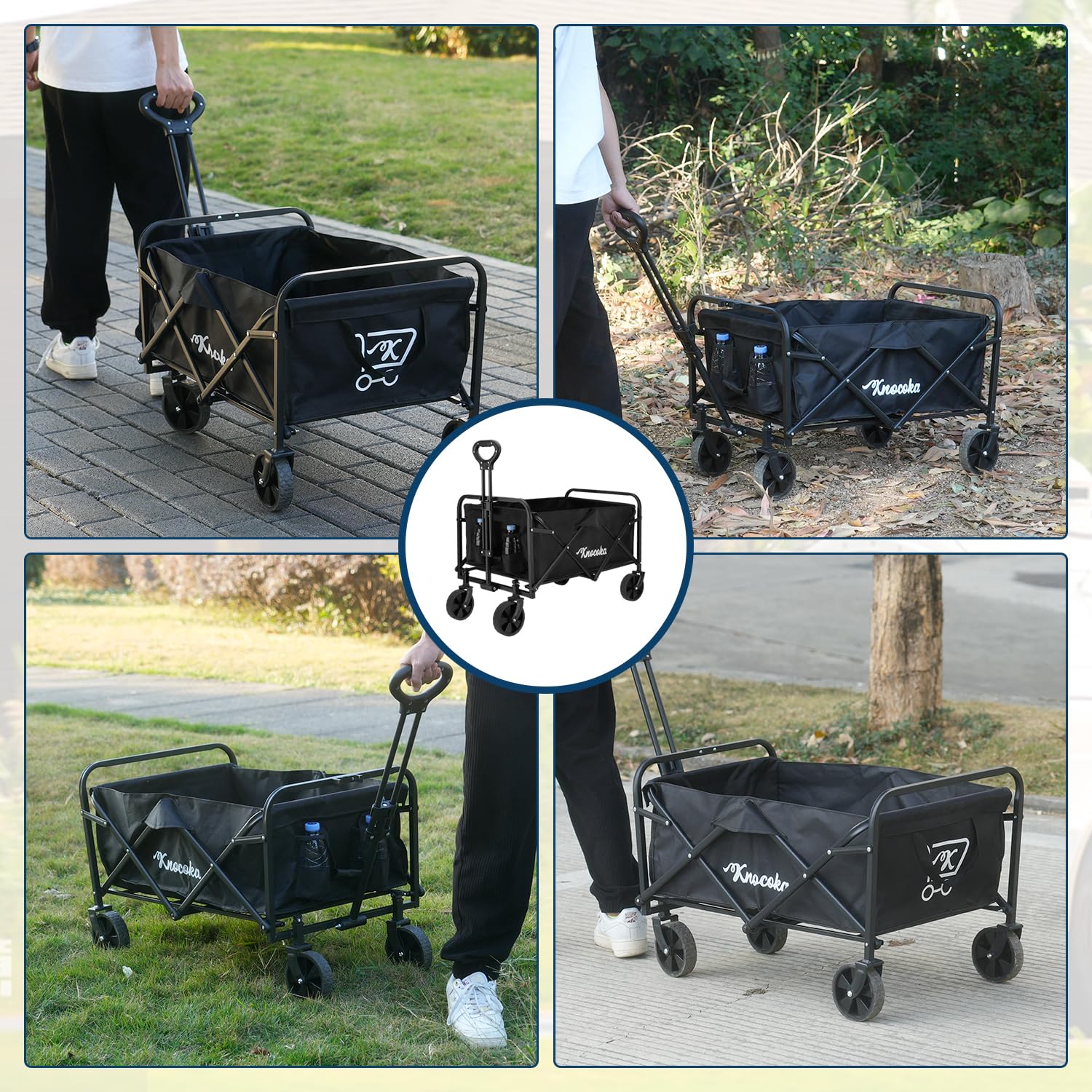 Knocoka Collapsible Folding Utility Wagon, Portable Heavy Duty Folding Wagon with 2 Drink Holders, Outdoor Collapsible Wagon for Sports, Shopping, Camping