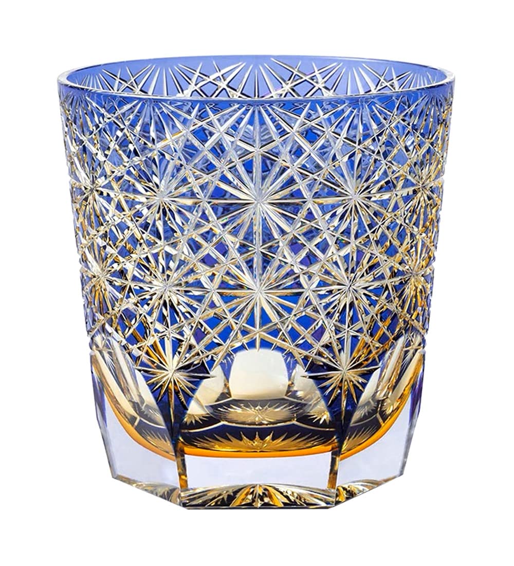 JEMQ Edo Kiriko Color Hand Cut Crystal Glass Tumbler Whisky Gass 9 Oz Glassware with Luxury Gift Box, Suitable for Cocktail Whisky Drink Red Wine Vodka (Blue)
