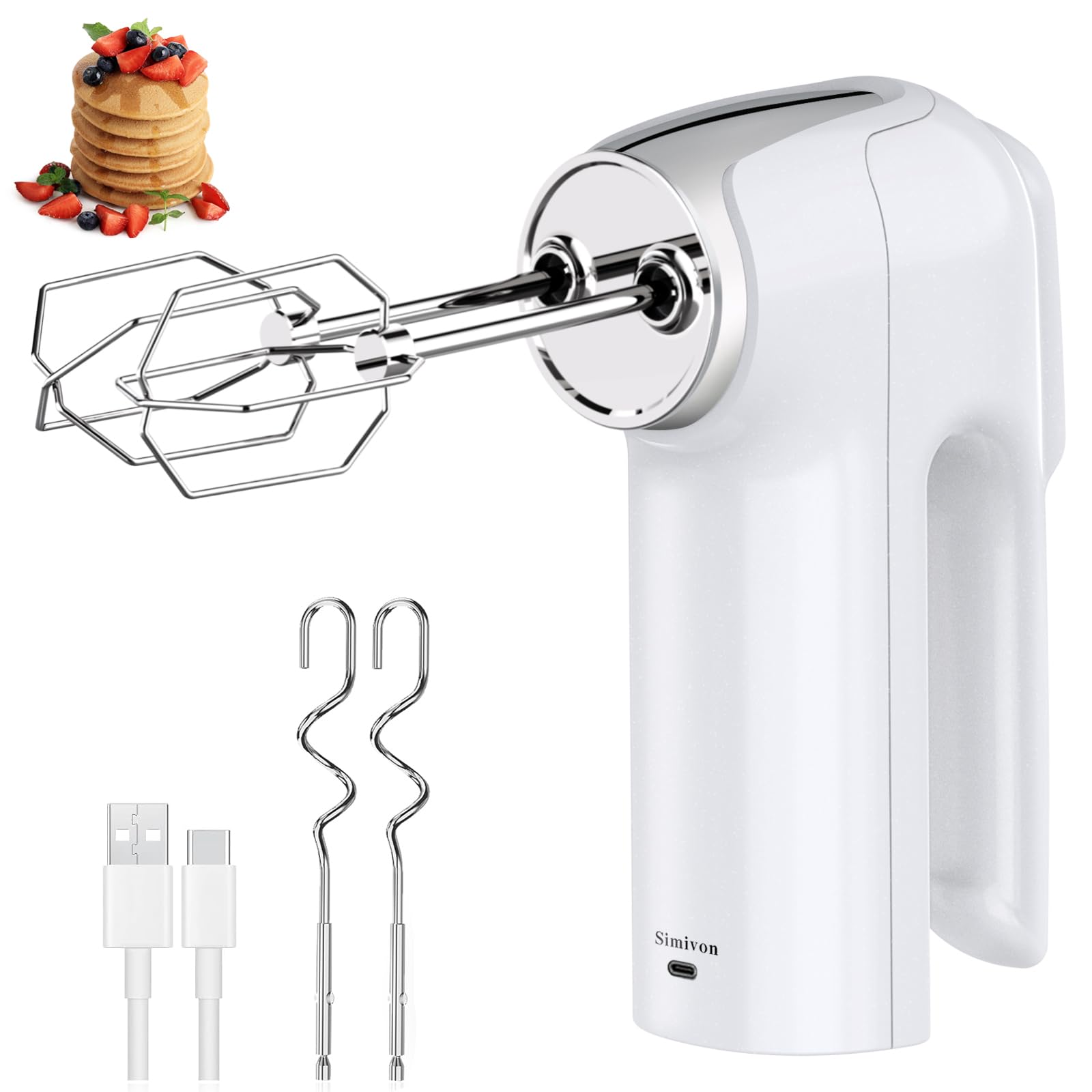 Simivon Rechargeable Hand Mixer - Portable Cordless Electric Mixer with One-Touch Ejector,2 Easy-to-Clean Stainless Steel Dough Hooks,2 Whisks for Easy Whipping, Stirring,Mixing,3 Speed,Pearl White