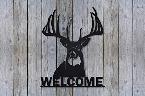 Welcome Whitetail Deer Buck Metal Wall Art Sign | Laser Cut | Black | Home Cabin Decor | Big Game Steel