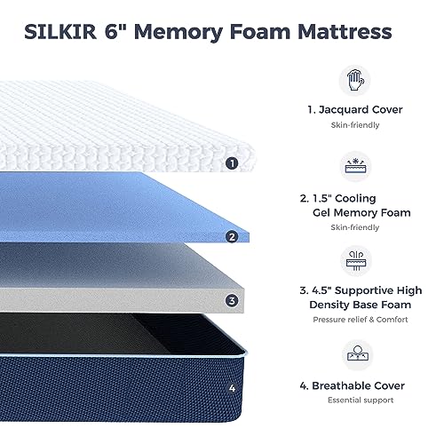 SILKIR 6 Inch Full Size Mattress, Cooling Gel Memory Foam Mattress for Pressure Relieving, Mattress in a Box, CertiPUR-US Certified, Fiberglass-Free Blue