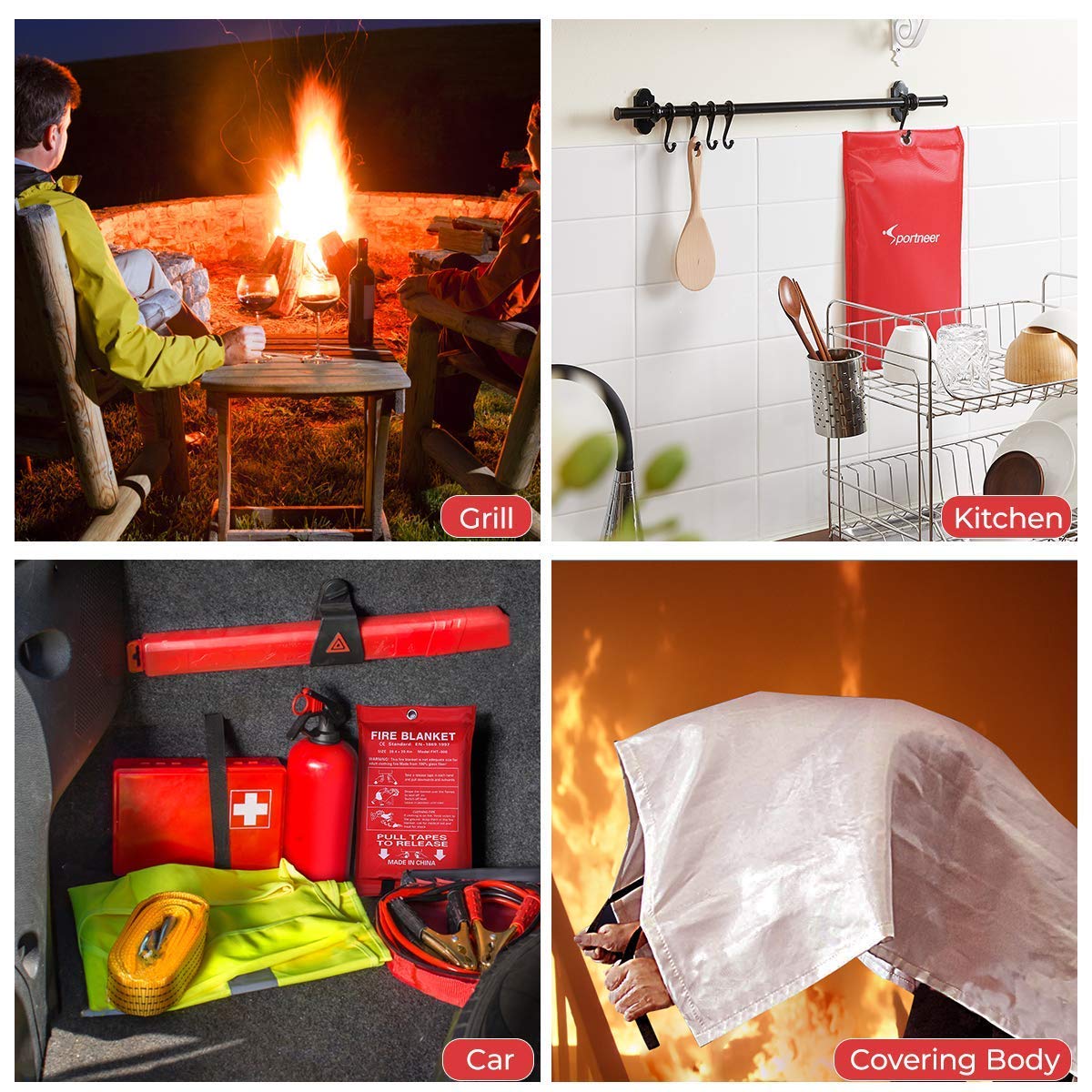 Fire Blanket for Home, Sportneer 2 Pack Emergency Fire Blanket Kitchen Camping Fireproof Fire Resistant Blankets Fire Protection Retardant Survival Safety Suppression for Camping Kitchen 39.3''x39.3''