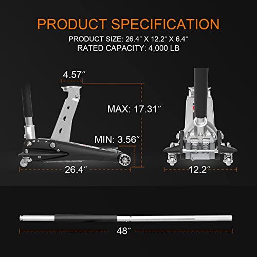 Torin T820010LT Hydraulic Low Profile Aluminum Floor Jack: 2 Ton (4,000 lb) Capacity, Black