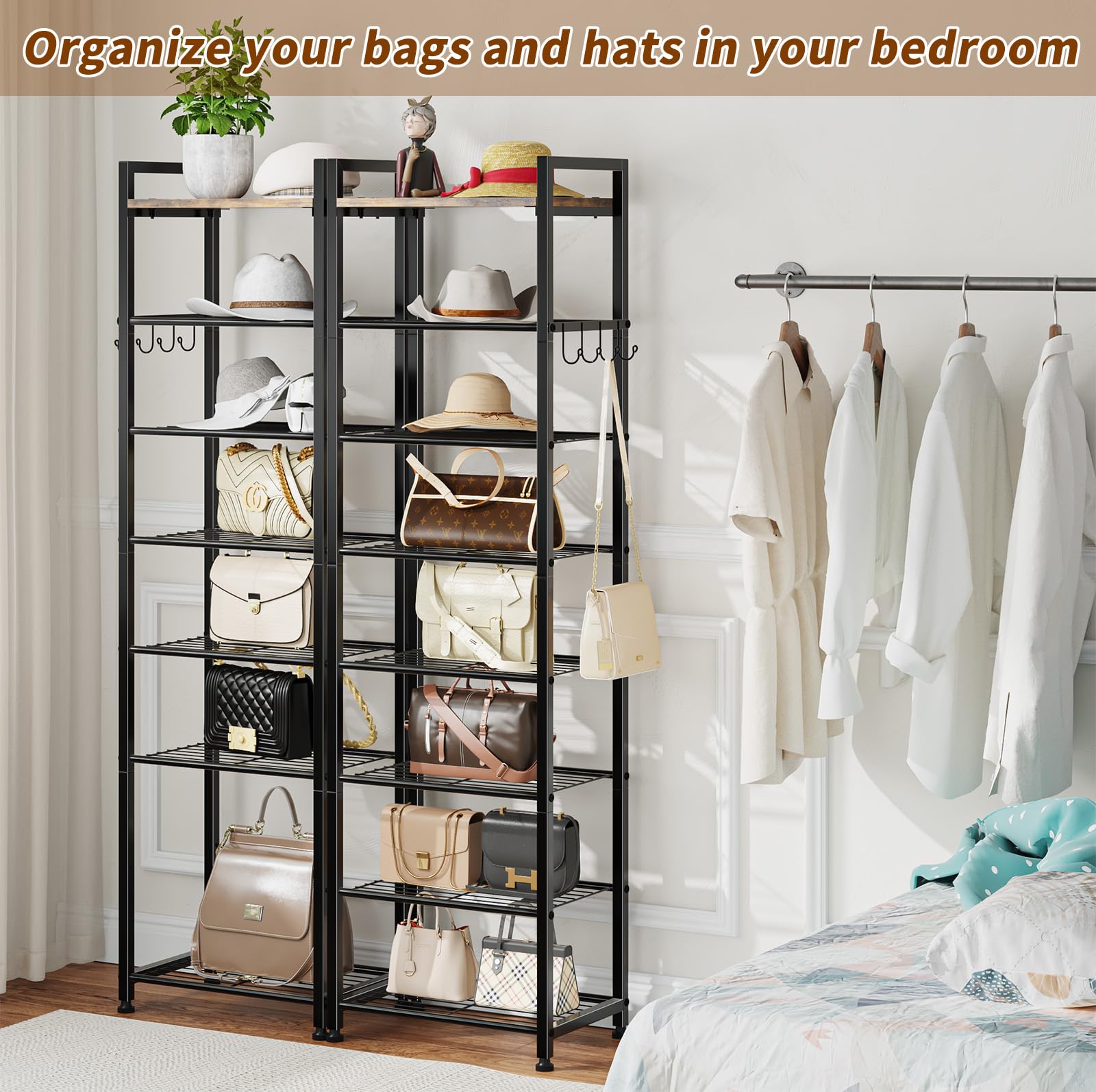 Simple Trending 8 Tiers Shoe Rack 16 Pairs Tall Wooden Plank Shoe Shelf with Hooks for Closet Entryway Organizer Sturdy Free Standing Shoe Storage Cabinet,Black