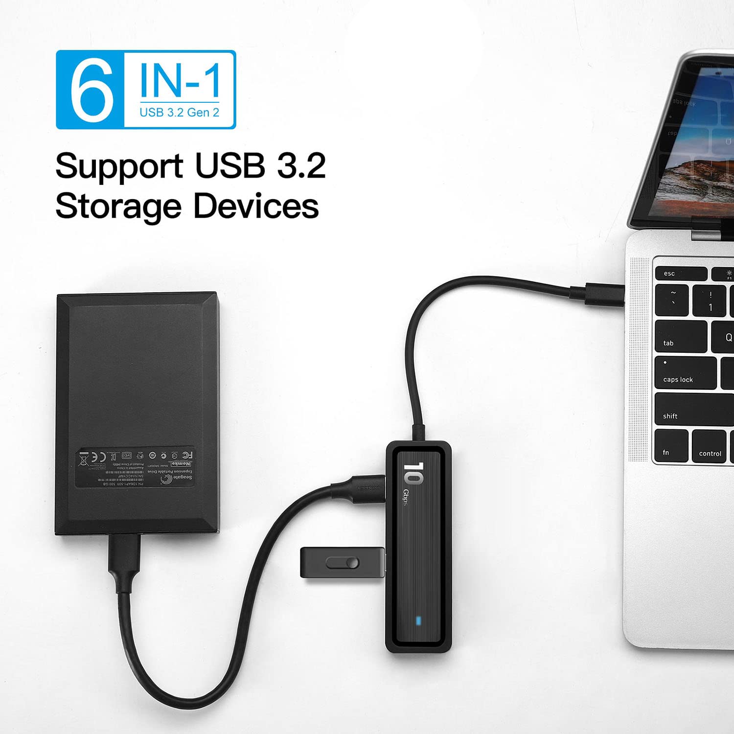 Jteyult 10 Gdps 6 in 1 USB HUB Adapter Type-C to 4X USB 3.2 Gen 2 10Gbps SuperSpeed USB C to USB Hub SD 2.0 TF 2.0