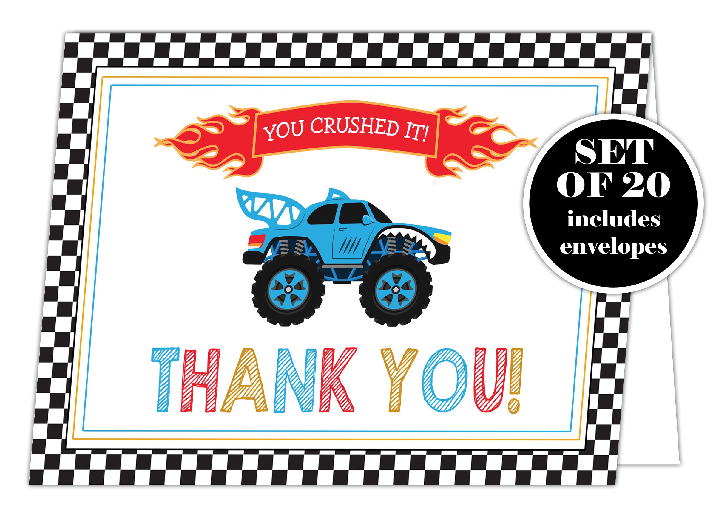 Monster Truck Thank You Card - Set of 20 Folded cards with envelopes