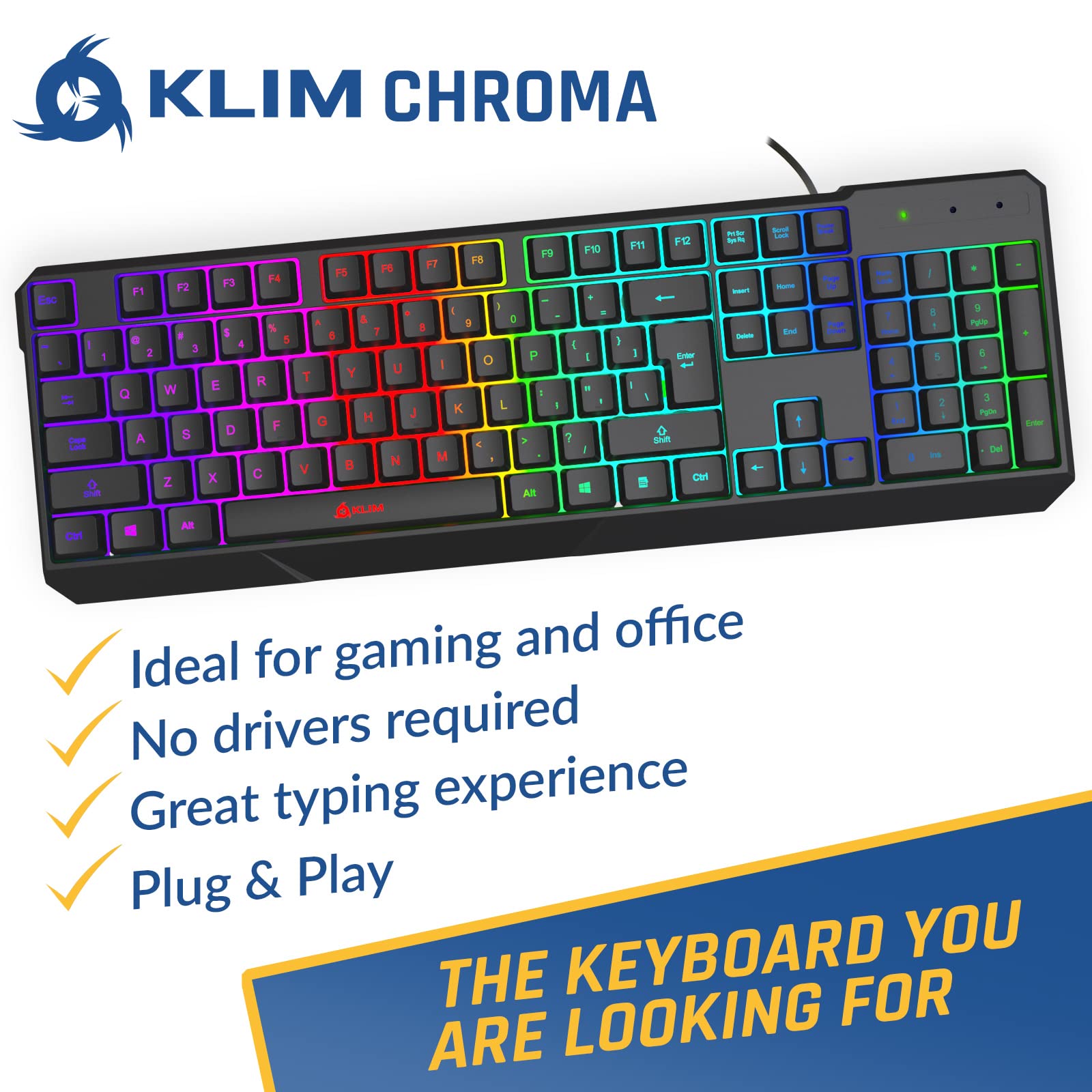 KLIM Chroma Gaming Keyboard Wired USB Durable Ergonomic Waterproof Silent and Protect Blue Light Blocking Glasses Reduce Eye Strain and Fatigue Bundle