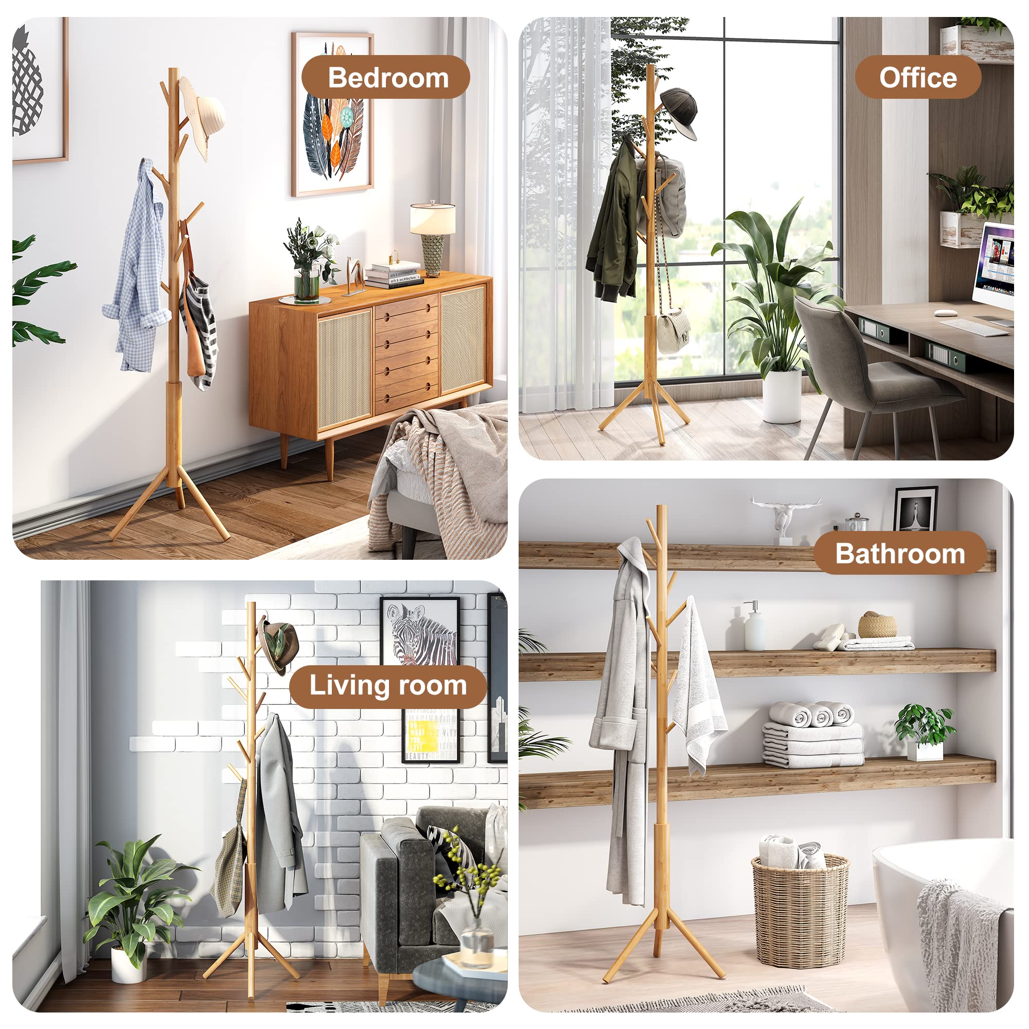 FILWH Bamboo Coat Rack Freestanding Adjustable Coat Tree with 3 Sections & 8 Hooks Easy to Assemble Coat Hanger Stand for Bedroom Office Hallway Entryway Bedroom Coat Rack(Natural)