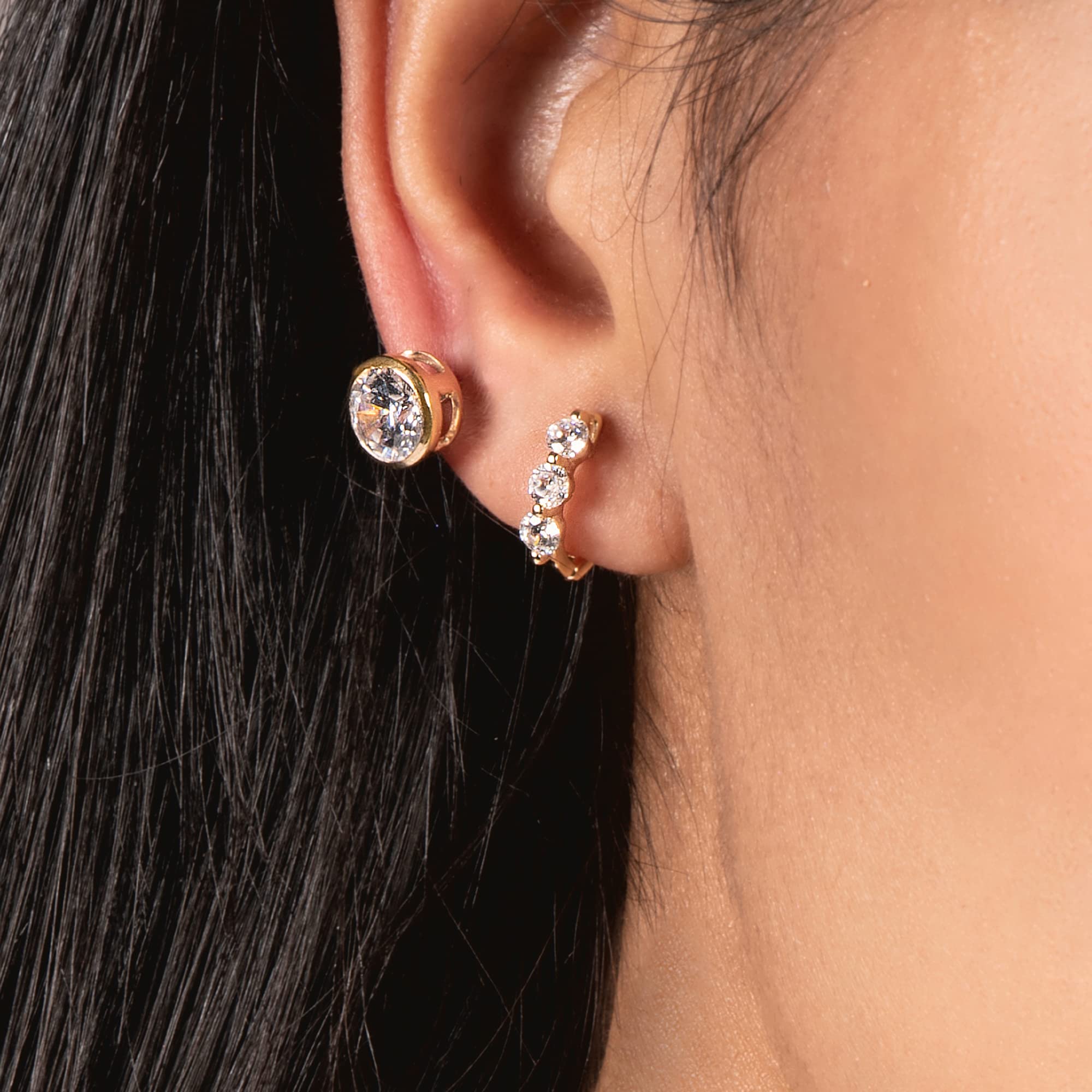 Everyday Elegance 14K Solid Yellow Gold Earrings Round Cut Huggie Hoop 3-Stone Cubic Zirconia .50 CTW With Gift Box