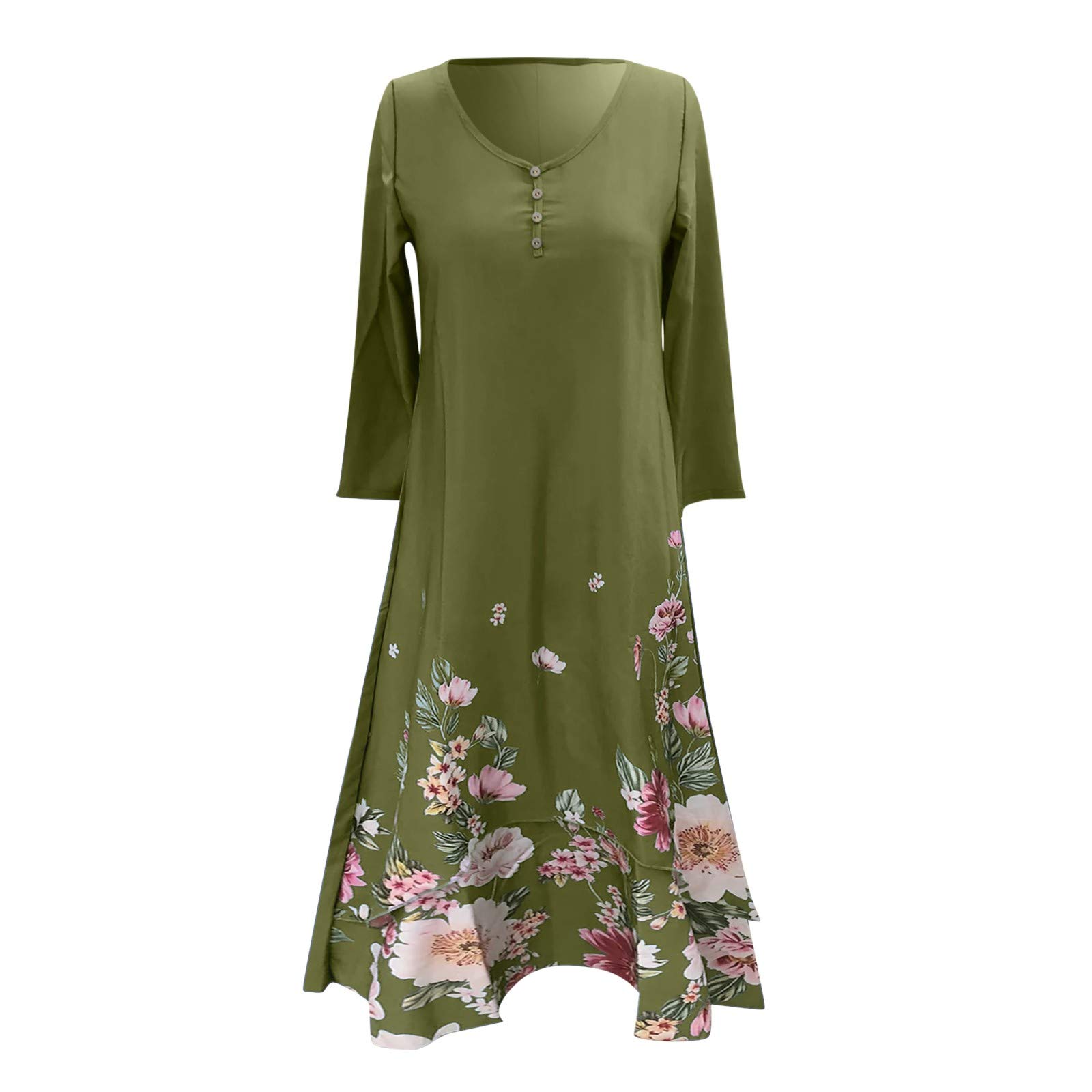 Floral Long Dress for Women Retro Button Maxi Dress Pattern Printed Layered Swing Dress Green