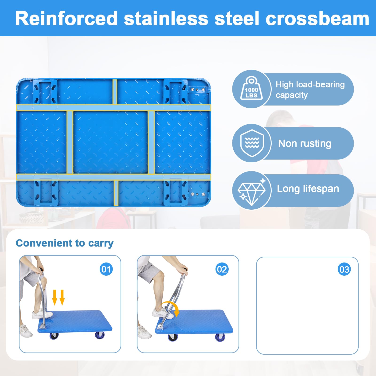 Heavy Duty Platform Truck Folding Flatbed Dolly with 330lb Weight Capacity and 360 Degree Swivel Wheels, for Loading and Moving,Silver (Blue)