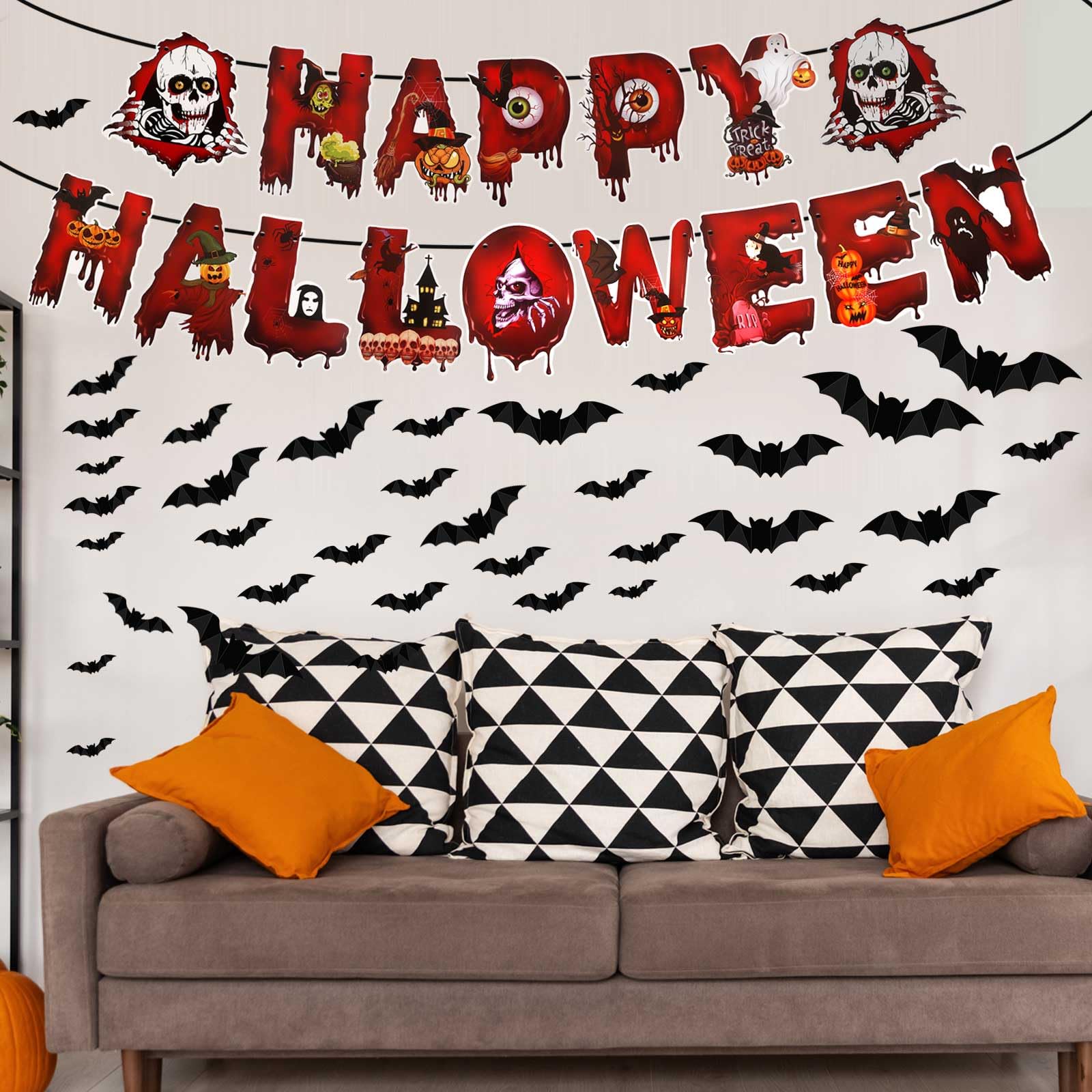 Halloween Decorations Indoor Set, 52pcs Halloween Party Decorations, Halloween 3D Bats & Spiderweb Table Runner & Cobweb Fireplace Mantel Scarf & Spooky Happy Halloween Banner for Home Indoor Decor